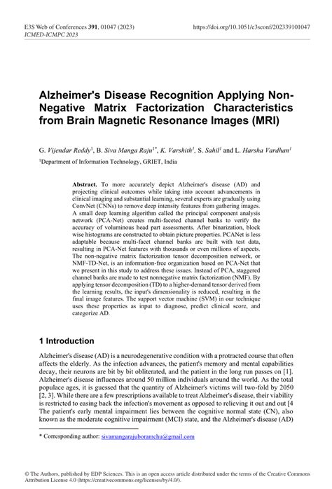 Pdf Alzheimers Disease Recognition Applying Non Negative Matrix Factorization Characteristics