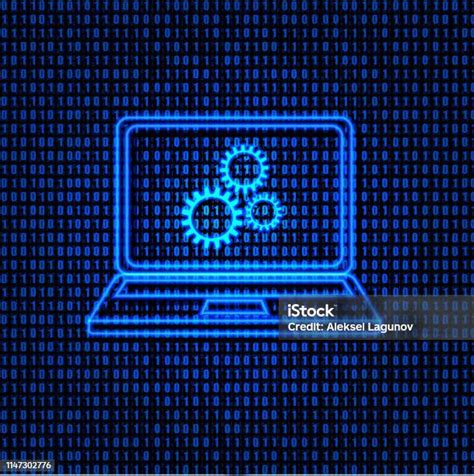 Vector Neon Blue Ordinateur Portable Avec Des Engrenages Sur Lécran Sur La Matrice De Données De