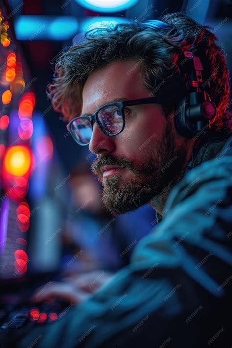 Premium Photo Bearded Male Programmer Wear Glasses And Headphone