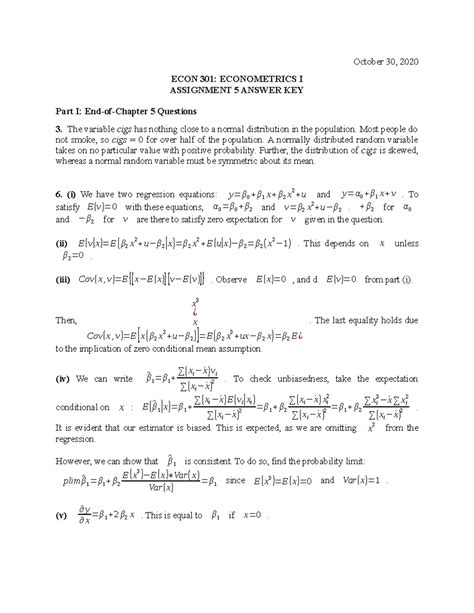 Assignment 5 Answer Key October 30 2020 Econ 301 Econometrics I