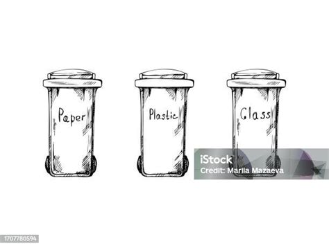 플라스틱 종이 유리를 위한 쓰레기통의 손으로 그린 흑백 스케치 세트 폐기물 분리 쓰레기 분류 폐기물 관리 레트로 벡터 개요 그림입니다 낙서 감소에 대한 스톡 벡터 아트 및