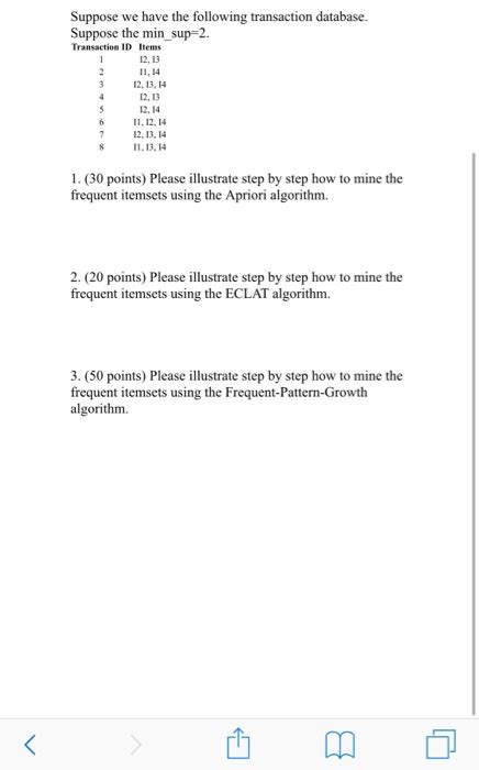 solved suppose we have the following transaction database