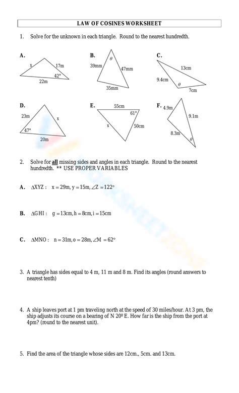 LAW OF COSINES WORKSHEET Worksheet