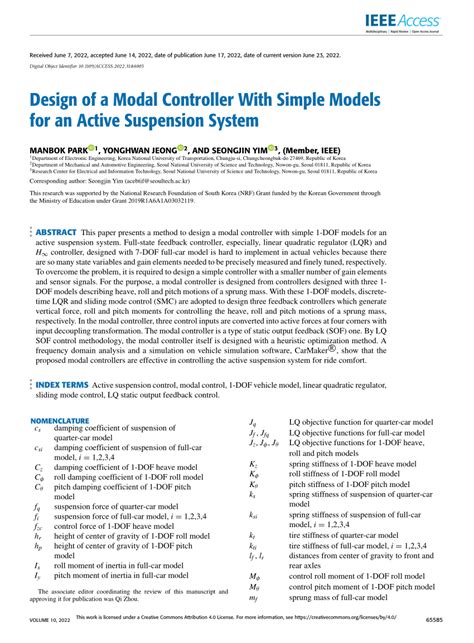 Pdf Design Of A Modal Controller With Simple Models For An Active