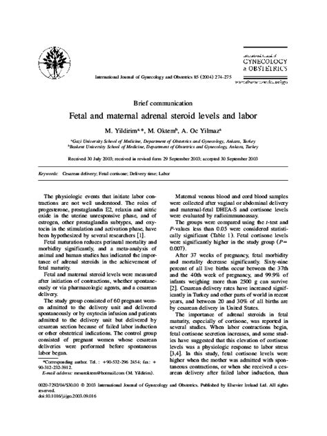 Pdf Fetal And Maternal Adrenal Steroid Levels And Labor