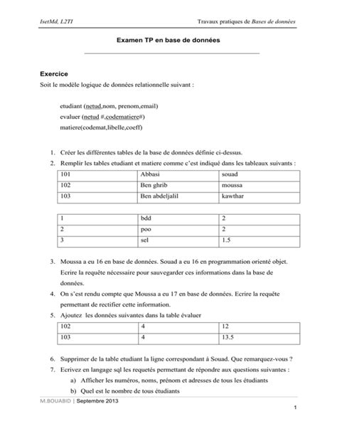 Examen TP en base de données Exercice Soit le modèle logique de