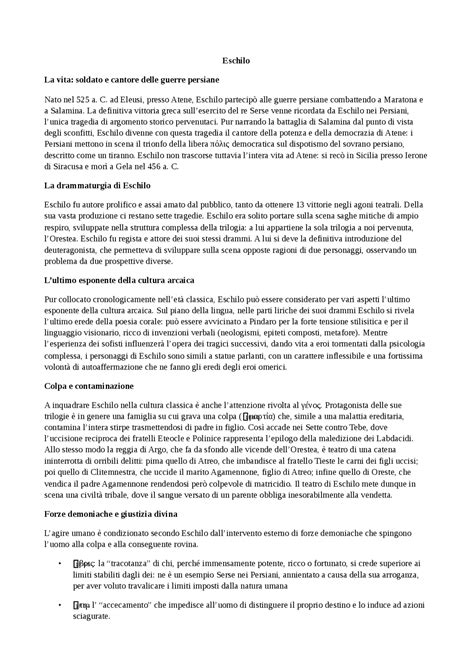 Eschilo Appunti Di Letteratura Docsity