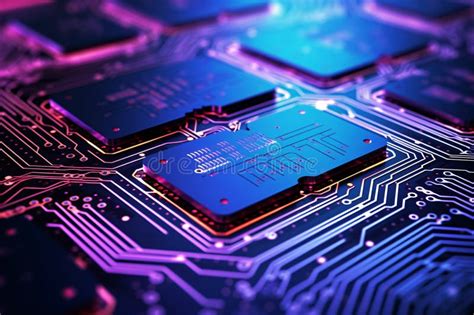 Digital Circuit Board Microprocessor Motherboard Computer Hardware In Neon Purple And Blue