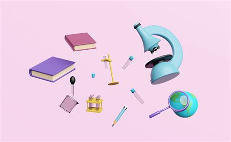 3d 현미경 지구본 종이 비행기 확대 비커 분홍색 배경에 분리된 시험관 아이콘 방 온라인 혁신 교육 E러닝 개념 3d 렌더링
