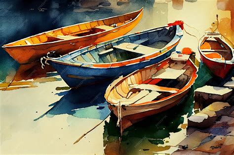 Premium Photo Boats In Water Watercolor