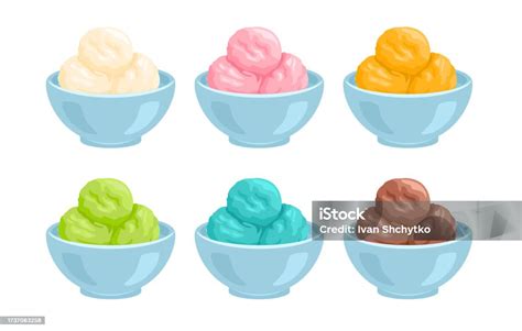 그릇 세트에 아이스크림 스쿱 초콜릿 바닐라 딸기 민트 오렌지 피스타치오 블루베리 아이스크림 공 벡터 만화 플랫 일러스트레이션 세트 하얀 바탕에 아이들을 위한 과일 아이스크림