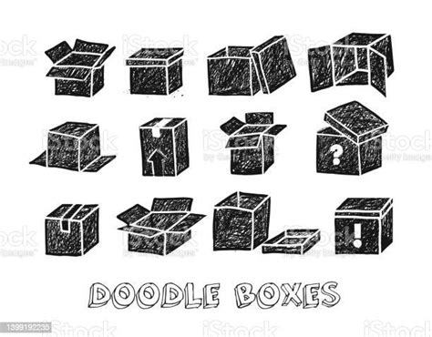 흰색 배경에 낙서 판지 상자 세트 벡터 낙서 스케치 일러스트레이션 3차원 형태에 대한 스톡 벡터 아트 및 기타 이미지 3차원 형태 개체 그룹 디자인 Istock