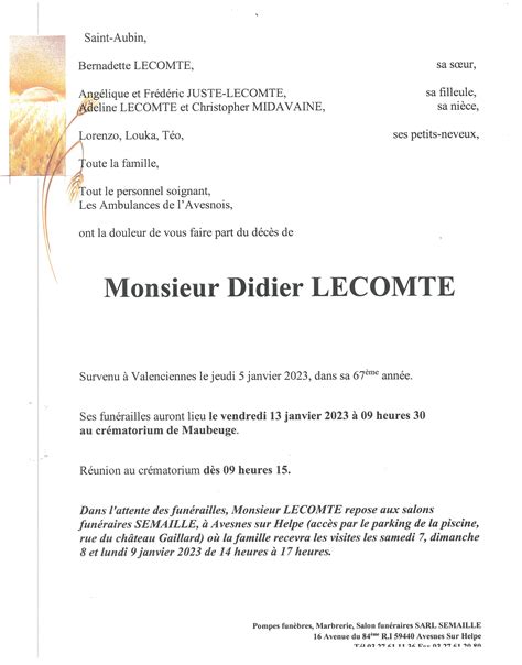 Avis De Décès De Didier Lecomte Pompes Funèbres Semaille