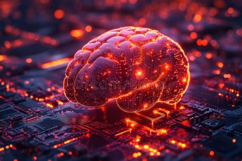 Glowing Futuristic Brain Model On Circuit Board Representing Artificial Intelligence And