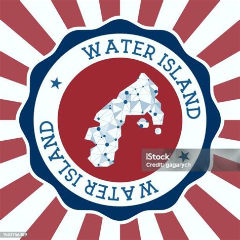 워터 아일랜드 배지 삼각형 메쉬 지도와 방사형 광선이 있는 섬의 둥근 로고 Eps10 벡터 3차원 형태에 대한 스톡 벡터 아트 및 기타 이미지 Istock