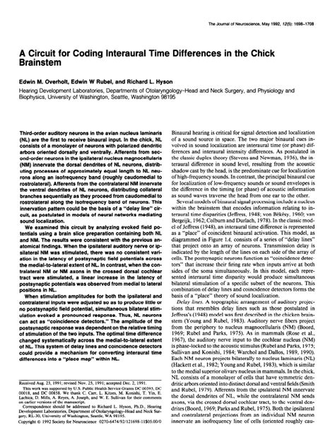 Pdf A Circuit For Coding Interaural Time Difference In The Chick Brainstem