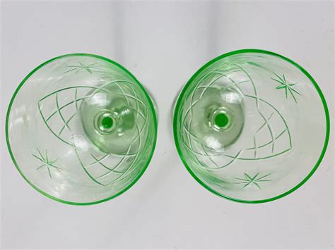 2 Delicate Green Crystal Wine Glasses Cut To Clear Glass From The 50s