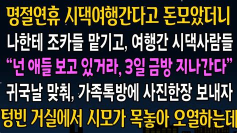반전사연 명절연휴 시댁여행 간다고 돈모았더니 나한테 조카들 맡기고 출국한 시댁 사람들 귀국날 내 문자 한통에 시댁이 발칵 뒤집히는데ㅋ Youtube