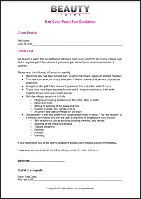 Printable Patch Test Disclaimer Form Printable Forms Free Online