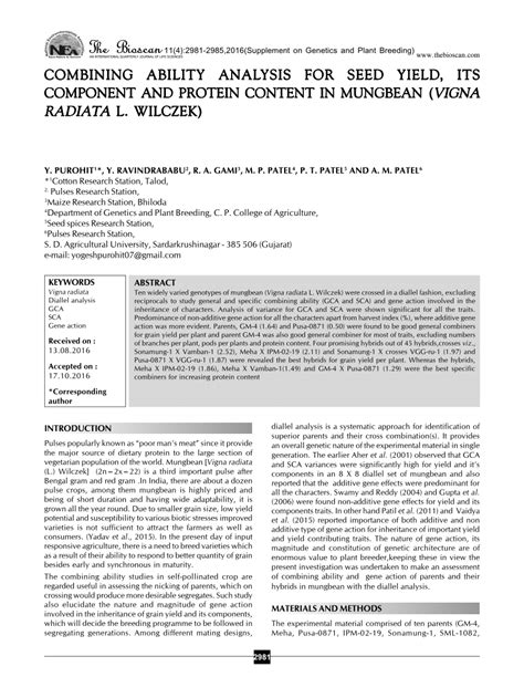 Pdf Combining Ability Analysis For Seed Yield Its Component And Protein Content In Mungbean