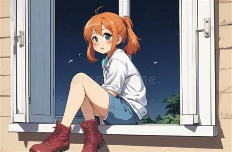 Cute Anime Girl Sitting On A Windowsill Gazing At The Urban Night