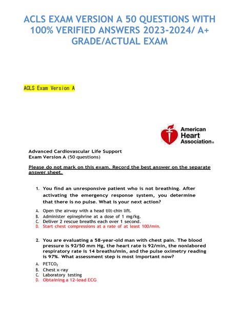 Acls Final Exam Answers Acls Exam Version A Q