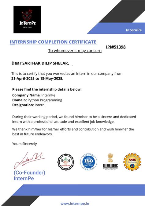 internshipcompleted pythonprogramming internpe learningandgrowth sarthak shelar