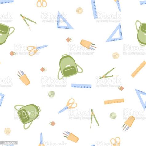 흰색 배경에 다양한 학교 용품과 원활한 패턴 플랫 스타일로 벡터 그림 9월에 대한 스톡 벡터 아트 및 기타 이미지 9월 가위 가을 Istock