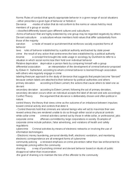 Sociology 101 Ch7 Outline Norms Rules Of Conduct That Specify