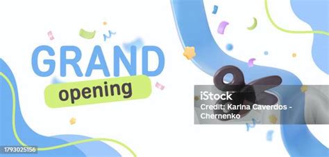 그랜드 오픈 축하 초대장 회사 개업을 축하하기 위해 리본이 달린 가위 만화 스타일의 3d 벡터 크리에이 티브 템플릿입니다 출시 예정 표시에 대한 스톡 벡터 아트 및 기타