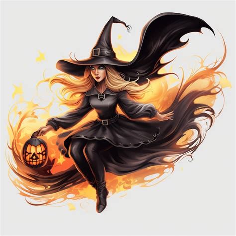 Premium Ai Image Halloween Witch Flying Broom On White Background