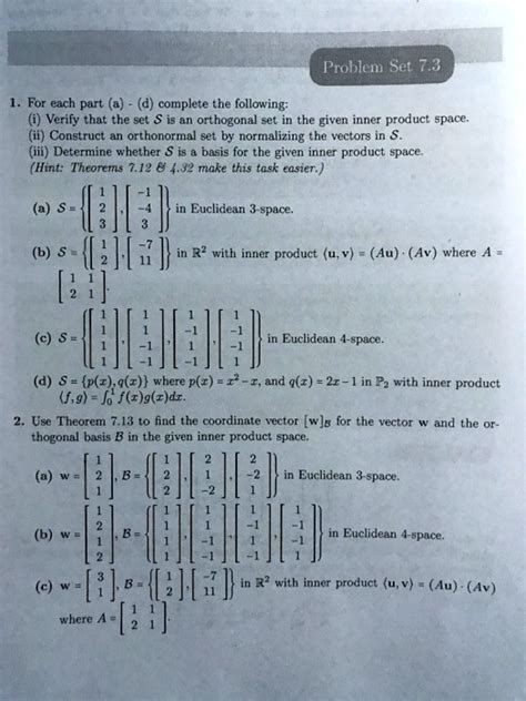 Problem Set 73 For Each Part Complete The Following Verify That The Set Is An Orthogonal Set In