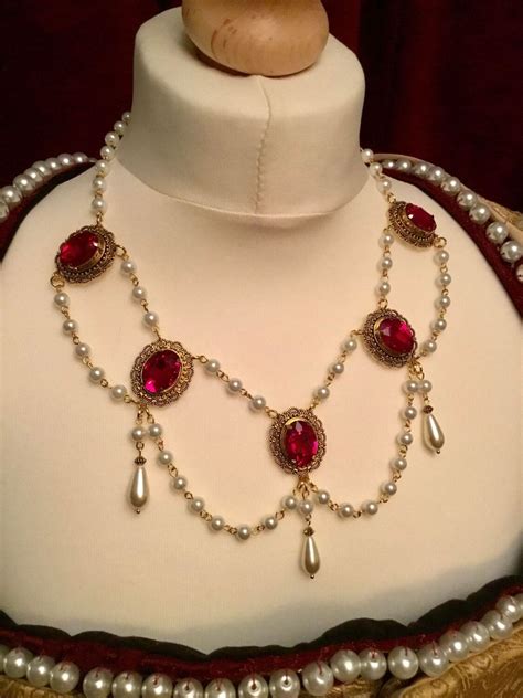 Regal Red Tudor Rose Pearl Drop Necklace Medieval Queen Jewels