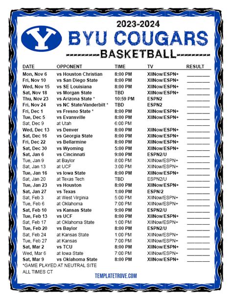Printable 2023 2024 Byu Cougars Basketball Schedule