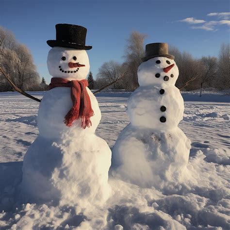 Premium Photo Two Snowmen Standing Next To Each Other In The Snow