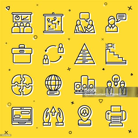 라인 프린터 램프 전구를 가진 사람들 계단 마무리 깃발 두 명의 앉아있는 남자 인적 자원 서류 가방 교육 프레젠테이션 및 피라미드 차트 인포그래픽 아이콘을 설정합니다 벡터