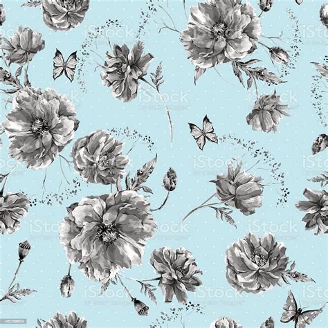 빈티지 흑백 워터컬러 연속무늬 야생화 국화와 Cornflowers Poppies 0명에 대한 스톡 벡터 아트 및 기타 이미지