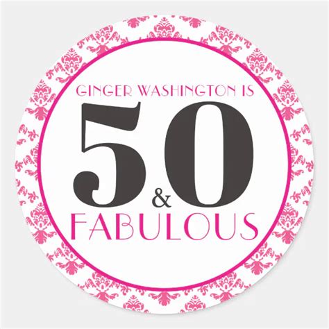 Stylish Hot Pink Damask Pattern 50th Birthday Classic Round Sticker