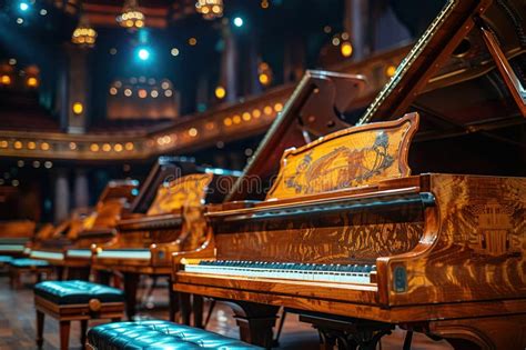 Group Of Musical Instruments Classical Grand Pianos Stand In A Row On