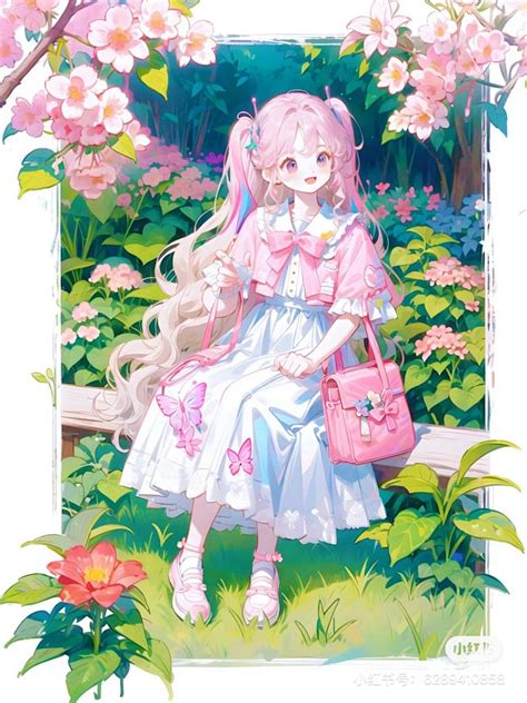 Ai图 粉色系少女插画 花朵绿植 樱花桃花 绿