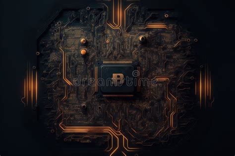 Bitcoin Icon On Dark Pc Mother Board For Cryotomine In Abstract Design