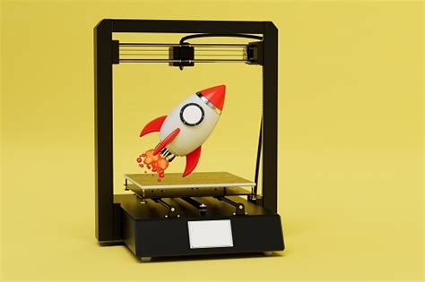 3d 프린터에서 로켓 모델링 노란색 배경에 로켓 모델이있는 3d 프린터 3d 렌더링 3d 프린팅 필라멘트에 대한 스톡 사진 및