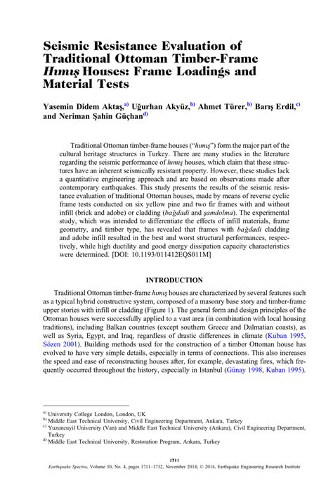 Pdf Seismic Resistance Evaluation Of Traditional Ottoman Timber Frame Hımış Houses Frame