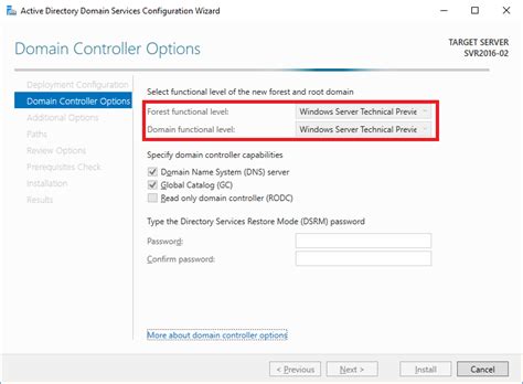 windows server 2016 active directory forest and domain functional level