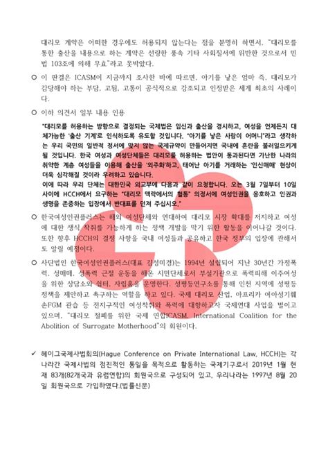 보도자료 대리모는 여성에 대한 생식 폭력 한국여성인권플러스 외교부 장관에 의견서 제출 안내 사단법인 한국여성인권플러스