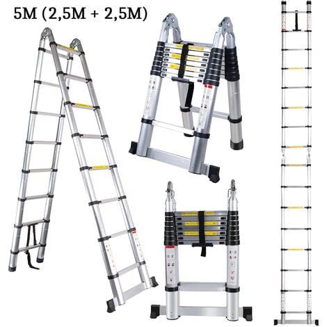 Scala Telescopica Pieghevole 5 Metri Scaletta In Alluminio Con Barra