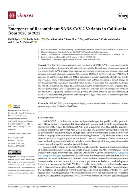 Pdf Emergence Of Recombinant Sars Cov 2 Variants In California From 2020 To 2022