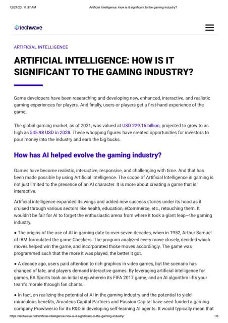 Artificial Intelligence How Is It Significant To The Gaming Industry Pdf
