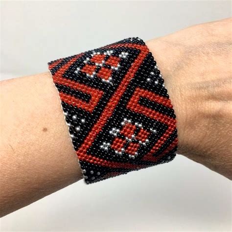 Artisan Jewelry Southwestern Apache Inspired Red Black Silver Peyote Seed Bead Cuff Bracelet Artisan Jewelry Southwestern Apache Inspired Red Black Silver Peyote Seed Bead Cuff Bracelet