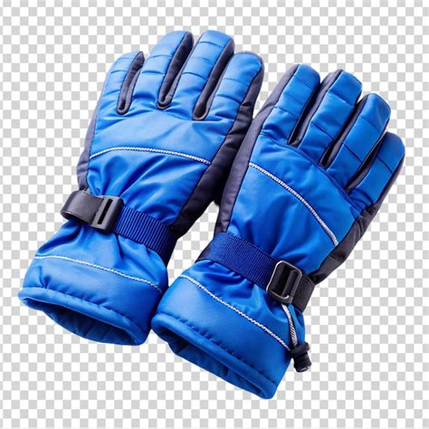 Two Blue Gloves With Black Straps And Black Buttons On The Side On